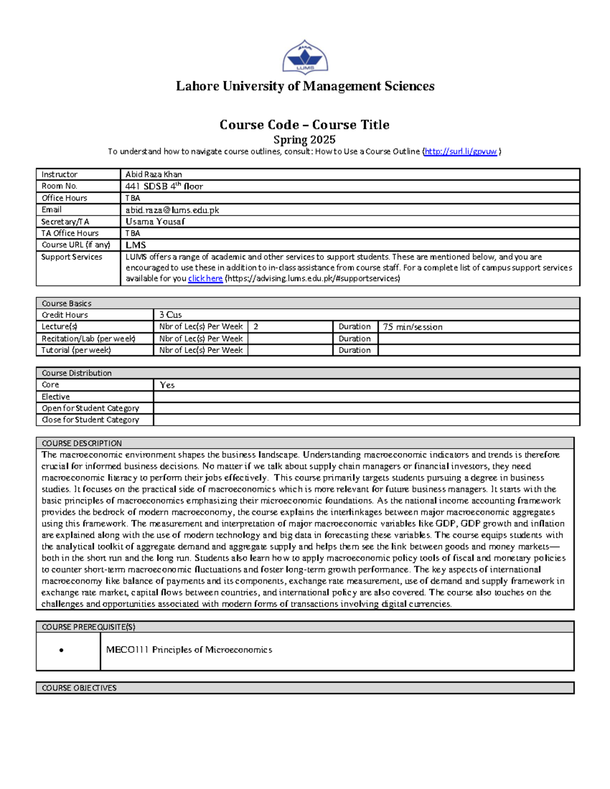 Course Outline MECO121 Abid Raza Khan - Course Code – Course Title ...