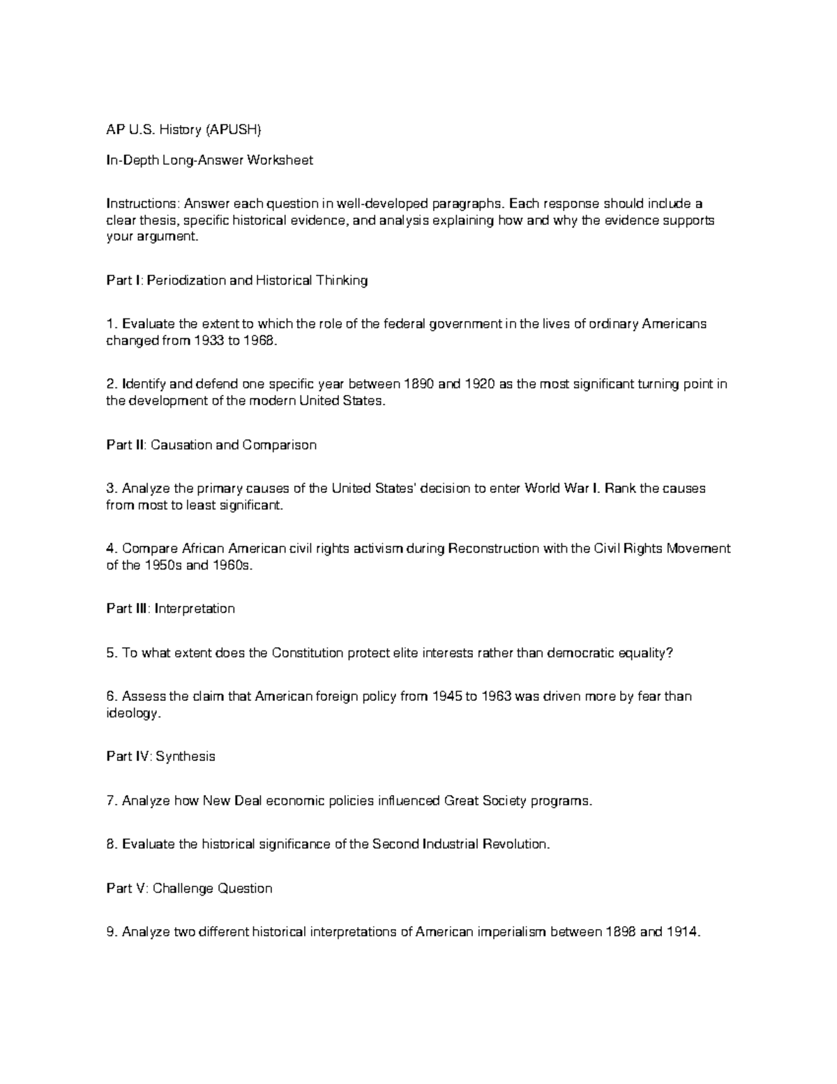 APUSH In-Depth Long Answer Worksheet: Historical Analysis & Evaluation ...
