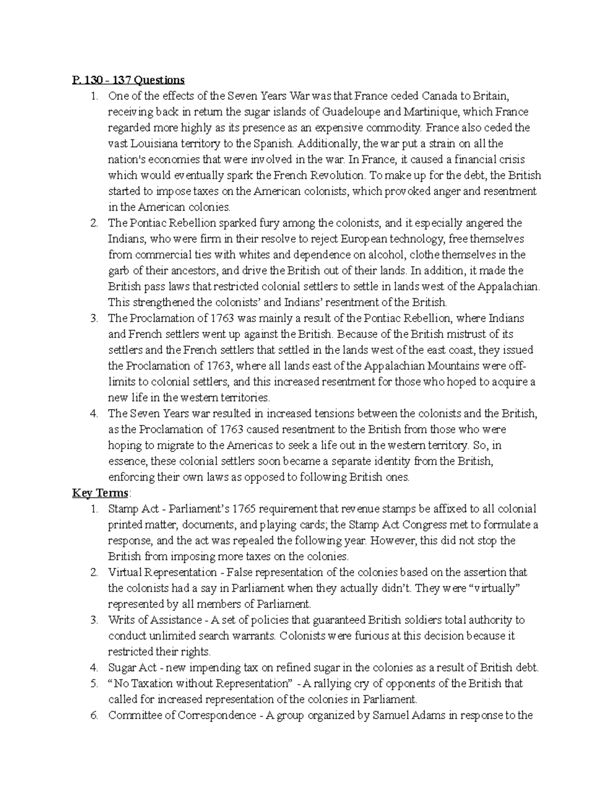 HW #5: Effects of the Seven Years War & Colonial Tensions - Studocu