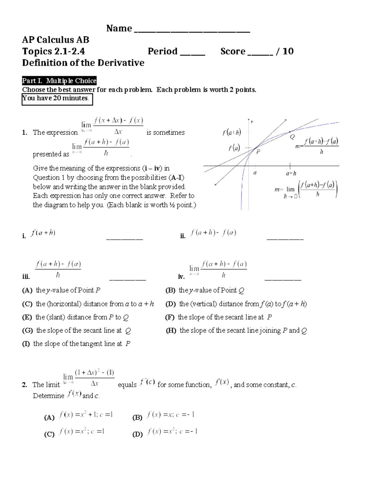 Quiz 5 - AP Calculus AB Topics 2.1-2.4 (Fall 2019) - Studocu