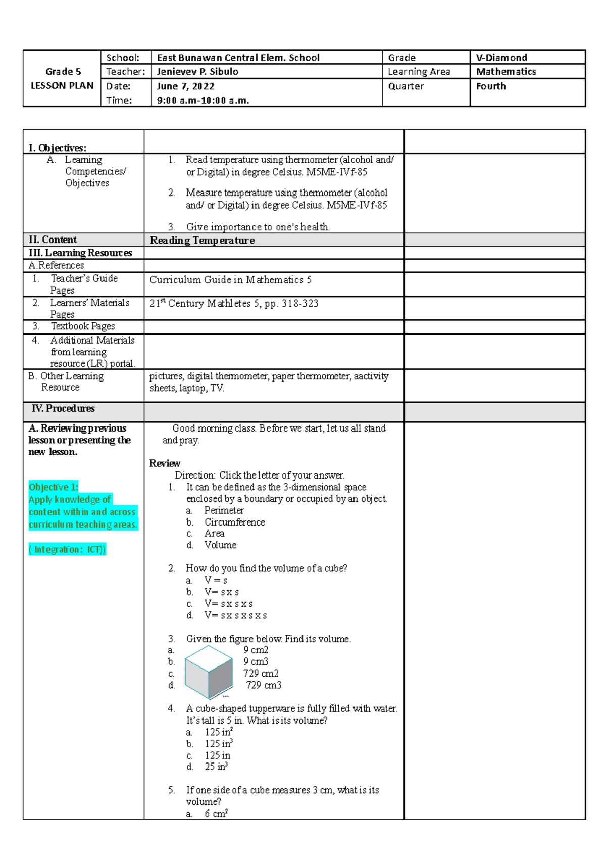 COT#4-Math 5 - Lesson Plan - Grade 5 LESSON PLAN School: East Bunawan Central Elem. School Grade ...