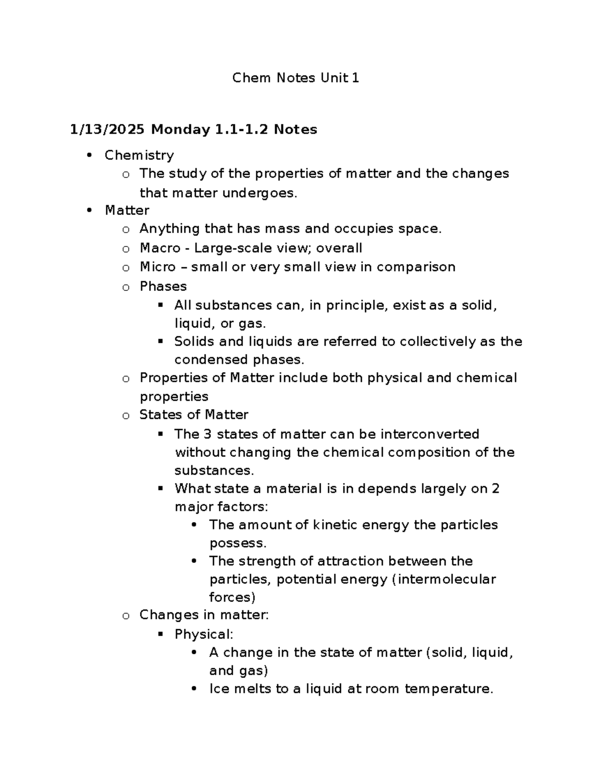 Chem Notes Unit 1 - 1-1 Notes Chemistry o The study of the properties ...
