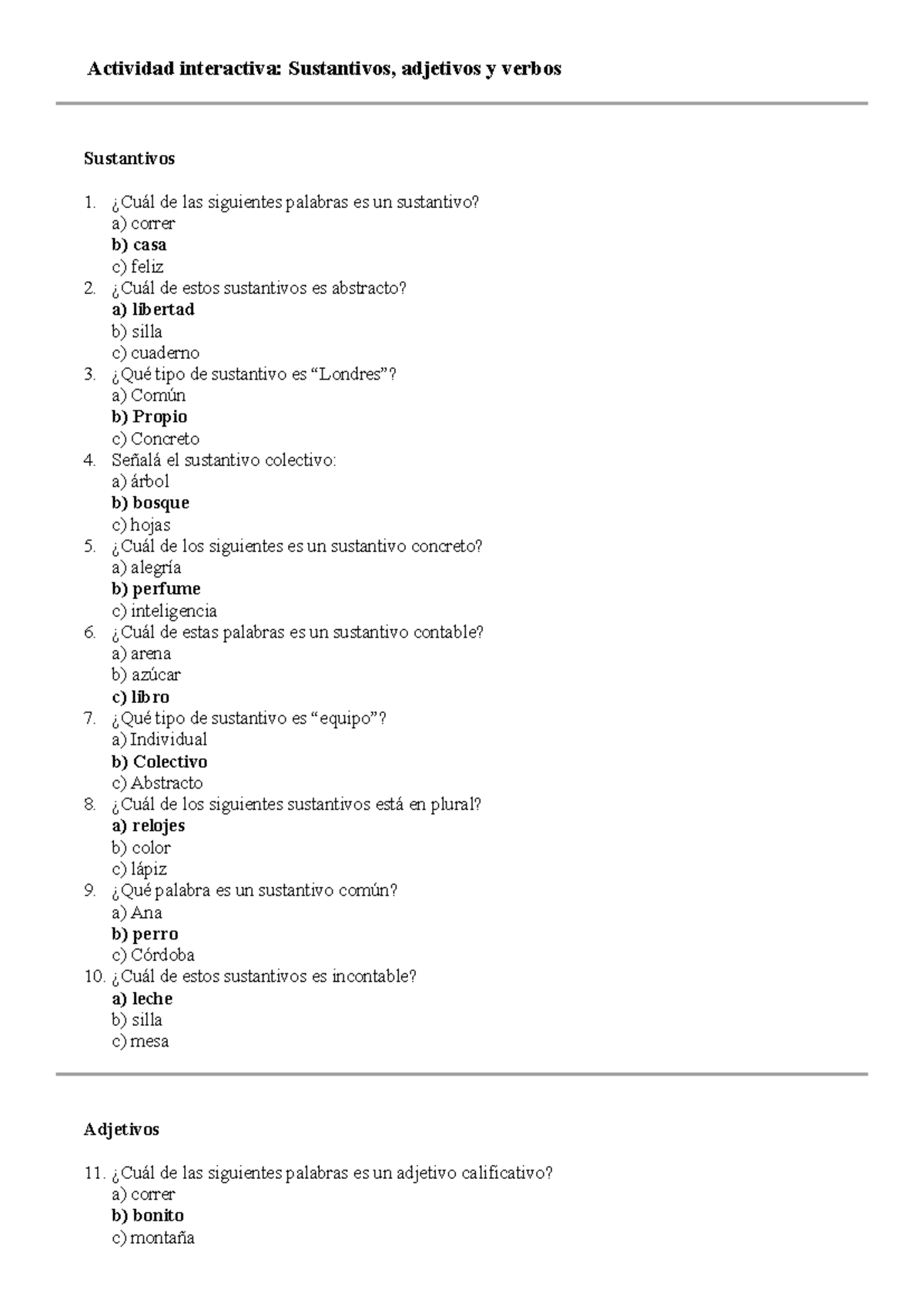 Actividad Interactiva: Sustantivos, Adjetivos y Verbos - Ejercicios ...