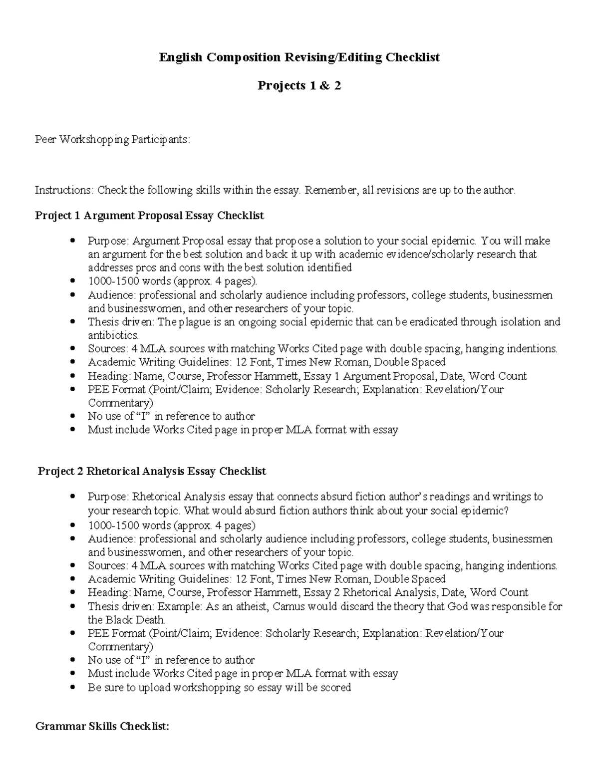 ENG 101: Composition Checklist for Projects 1 & 2 Peer Workshopping ...