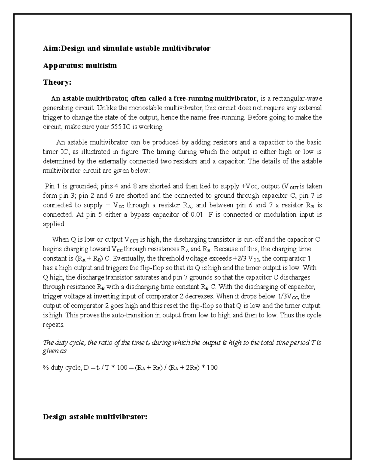 Design and Simulation of Astable Multivibrator Experiment 555 IC - Studocu