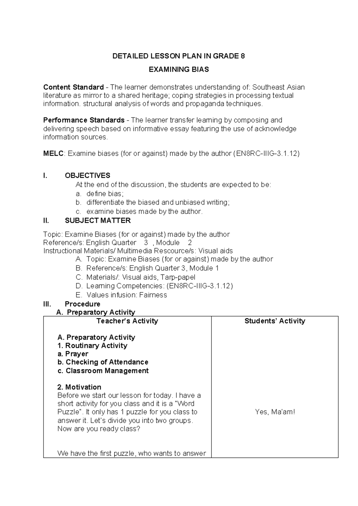 DLP- Lesson Plan: Examining Author Bias in Grade 8 Literature - Studocu