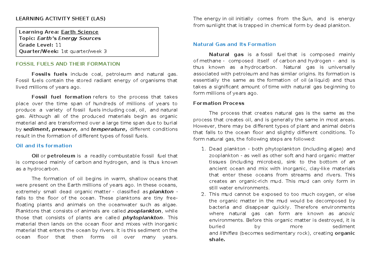 LEARNING ACTIVITY SHEET (LAS) on Earth's Energy Sources for Grade 11 ...