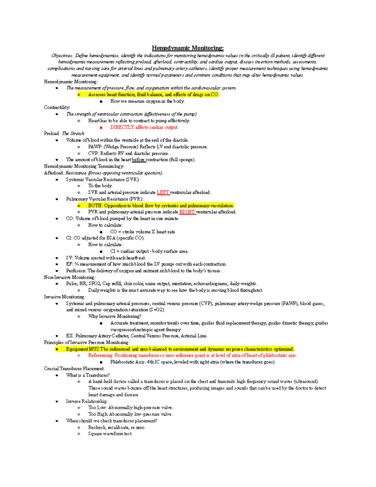 450 Exam 1 - Review for the first exam - Hemodynamic Monitoring ...