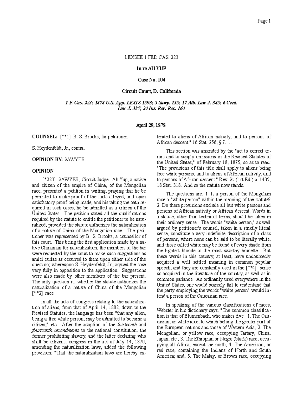 In re Ah Yup - Naturalization Case Analysis and Opinion - Studocu