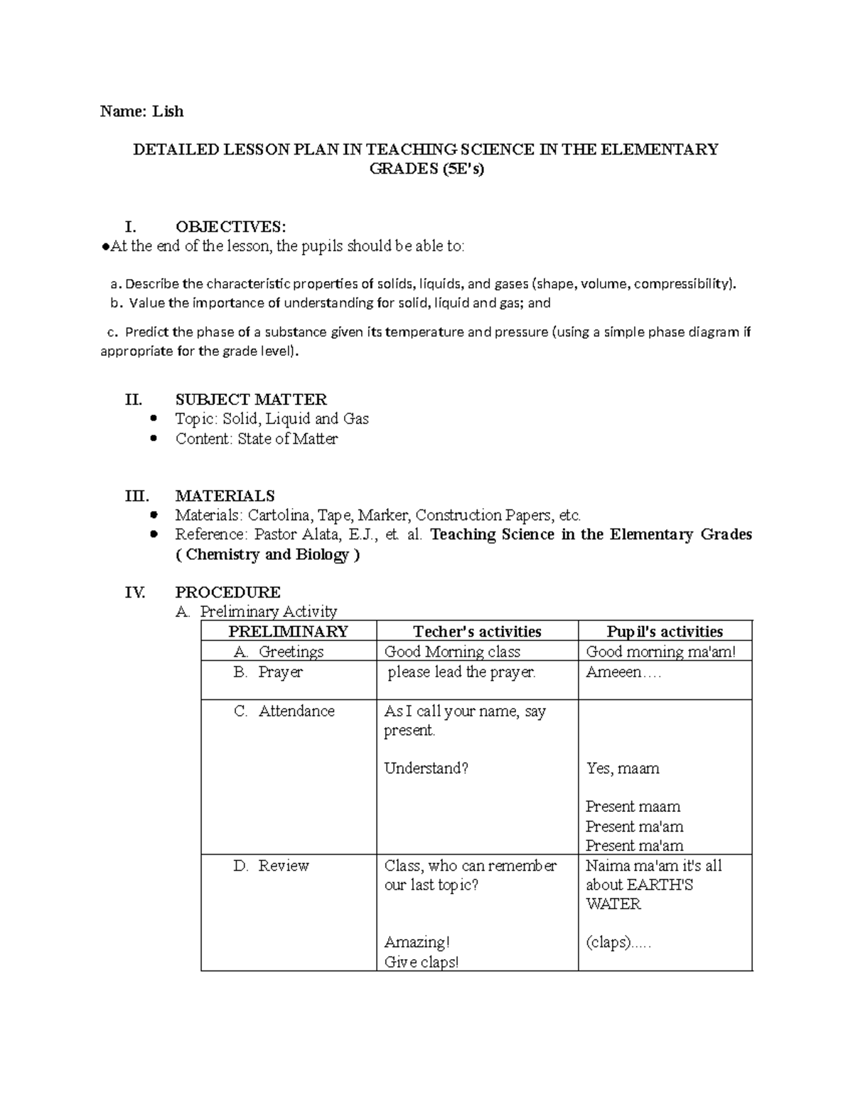 EDUC 101: Detailed Lesson Plan on Solid, Liquid, and Gas - Studocu