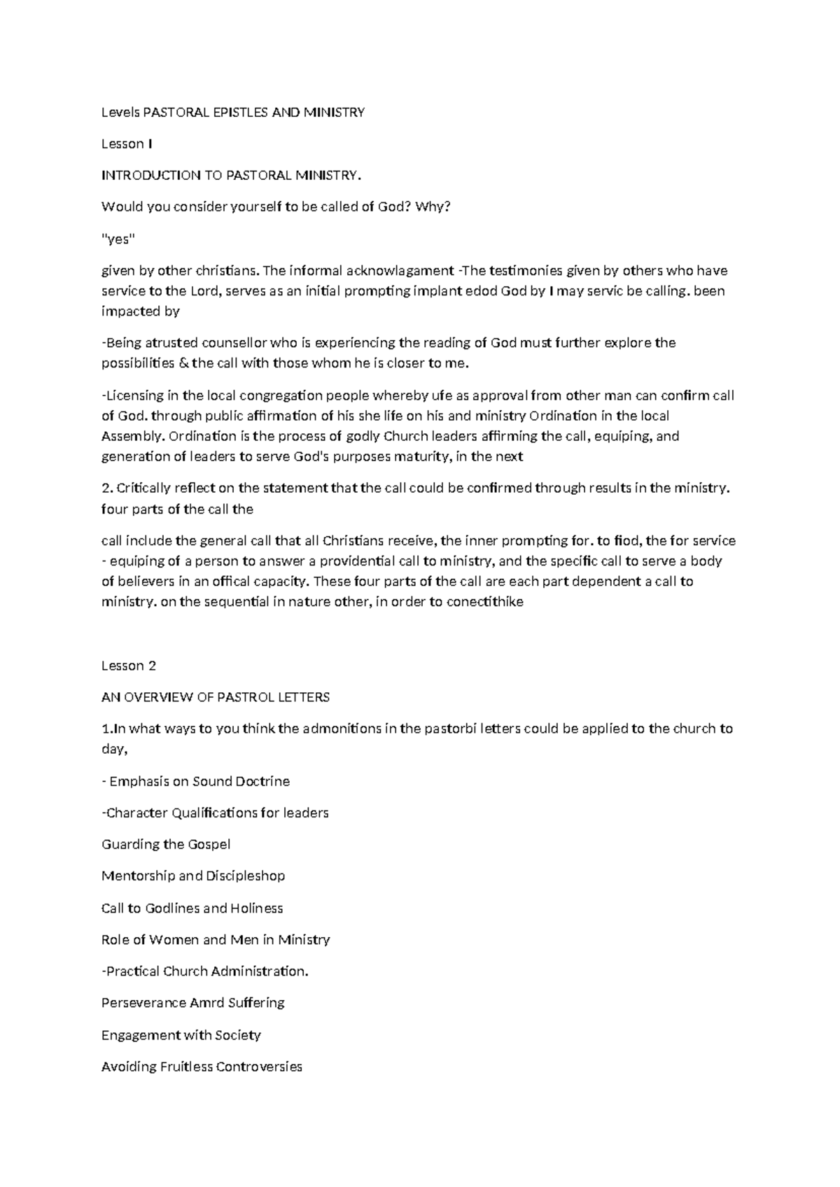Levels PASTORAL EPISTLES AND MINISTRY Lesson I: Introduction to ...