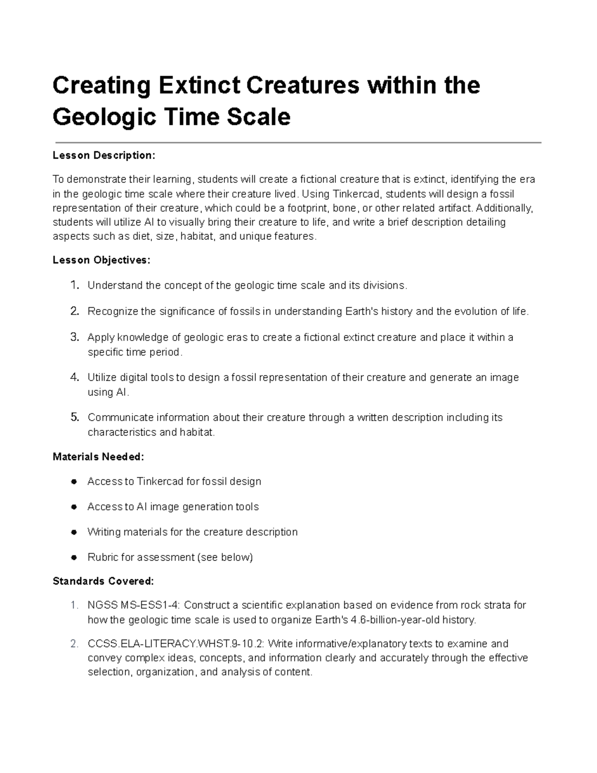 Creating Extinct Creatures: Geologic Time Scale Lesson Plan - Studocu