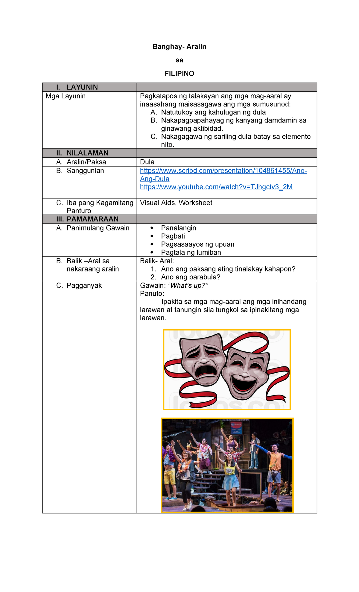DULA - LESSON PLAN (Banghay Aralin sa FILIPINO) - Studocu