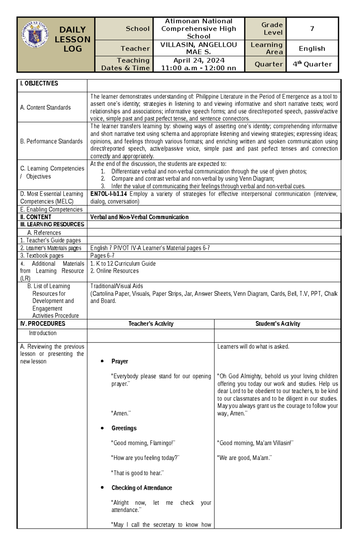 Final Lesson Plan on Verbal and Non-verbal Communication (ENG7) - Studocu