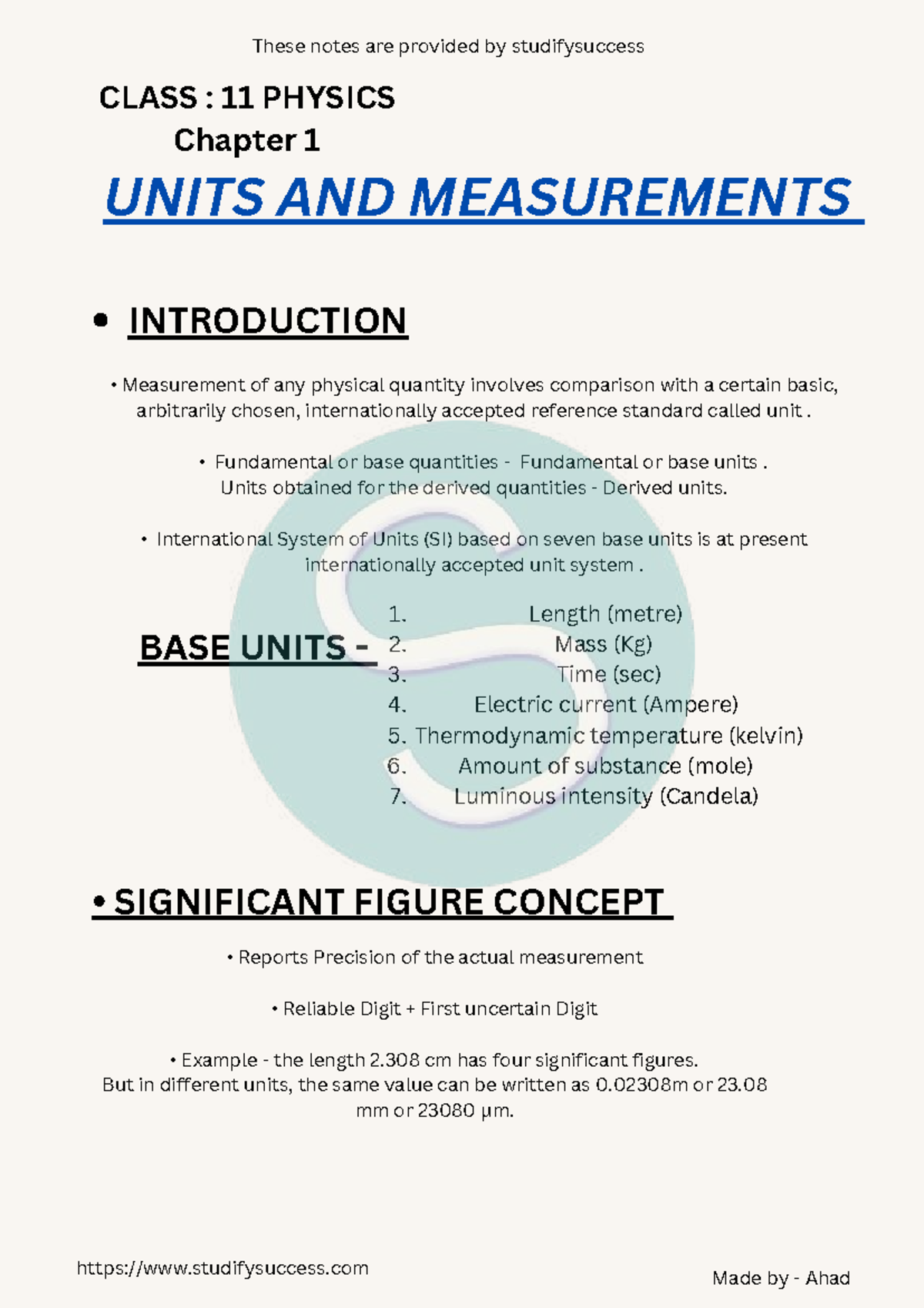 Class 11 physics ch-1 notes - UNITS AND MEASUREMENTS INTRODUCTION ...