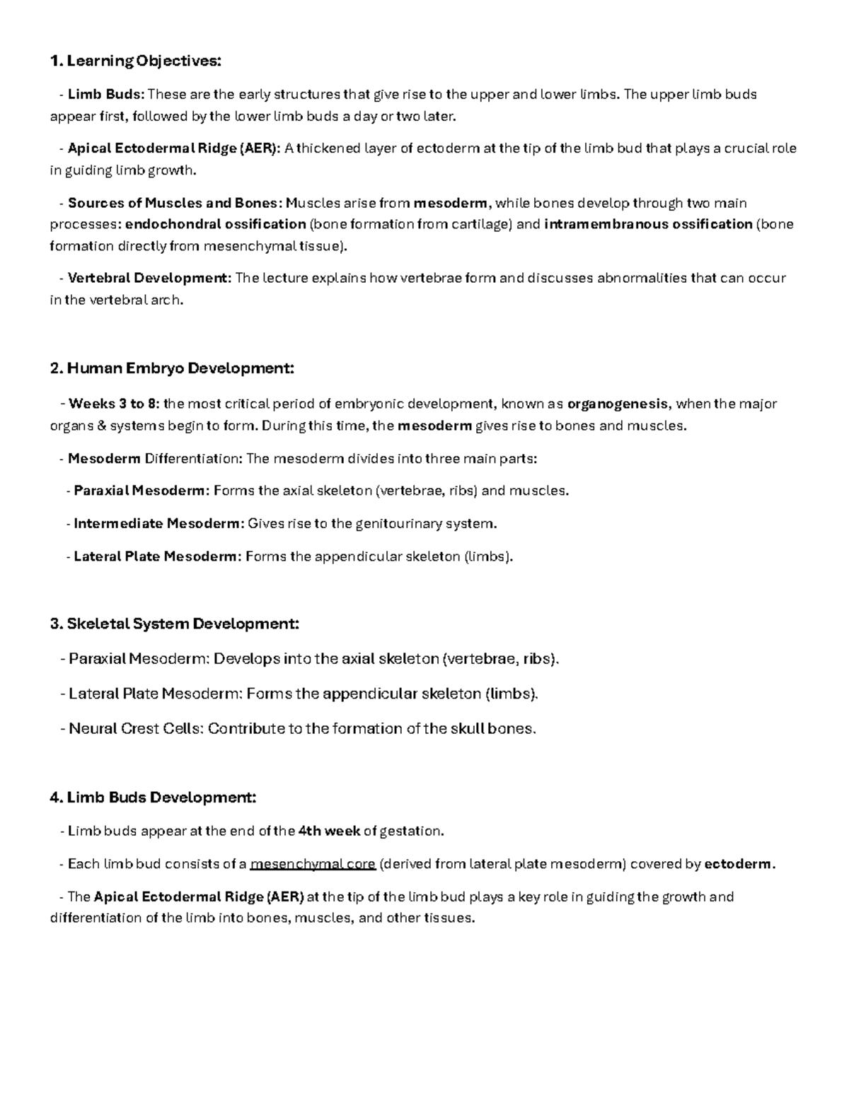 Embryonic Development of Limb Buds and Skeletal System (BIO 101) - Studocu