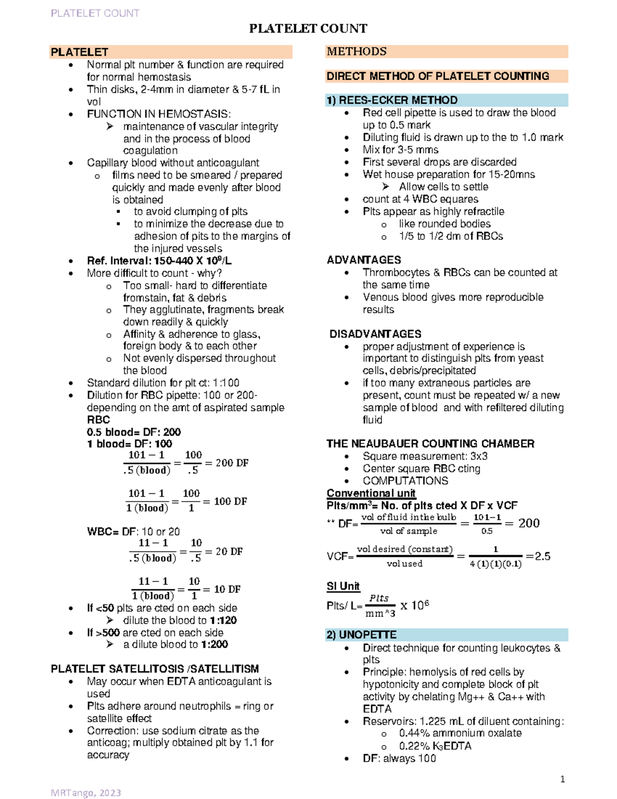 PLT CT Notes by maam chan - PLATELET COUNT 1 MRTango, 202 3 PLATELET ...