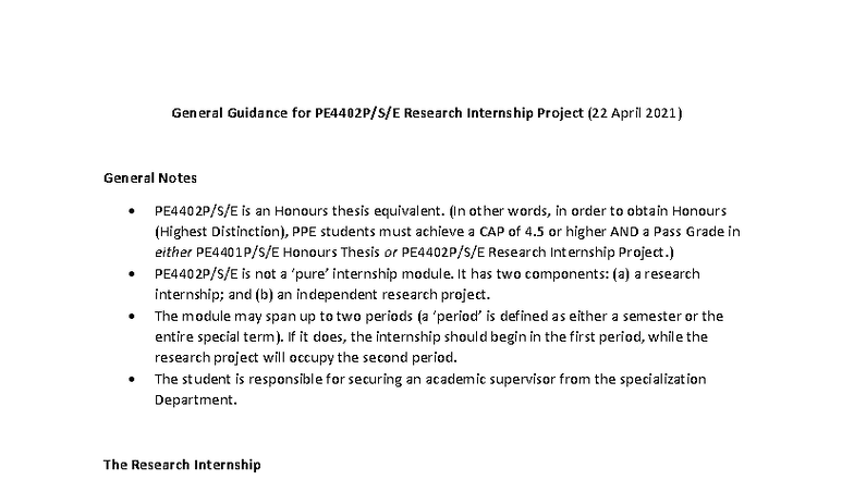 PE4402 Research Internship Project Guidance Notes (April 2021) - Studocu