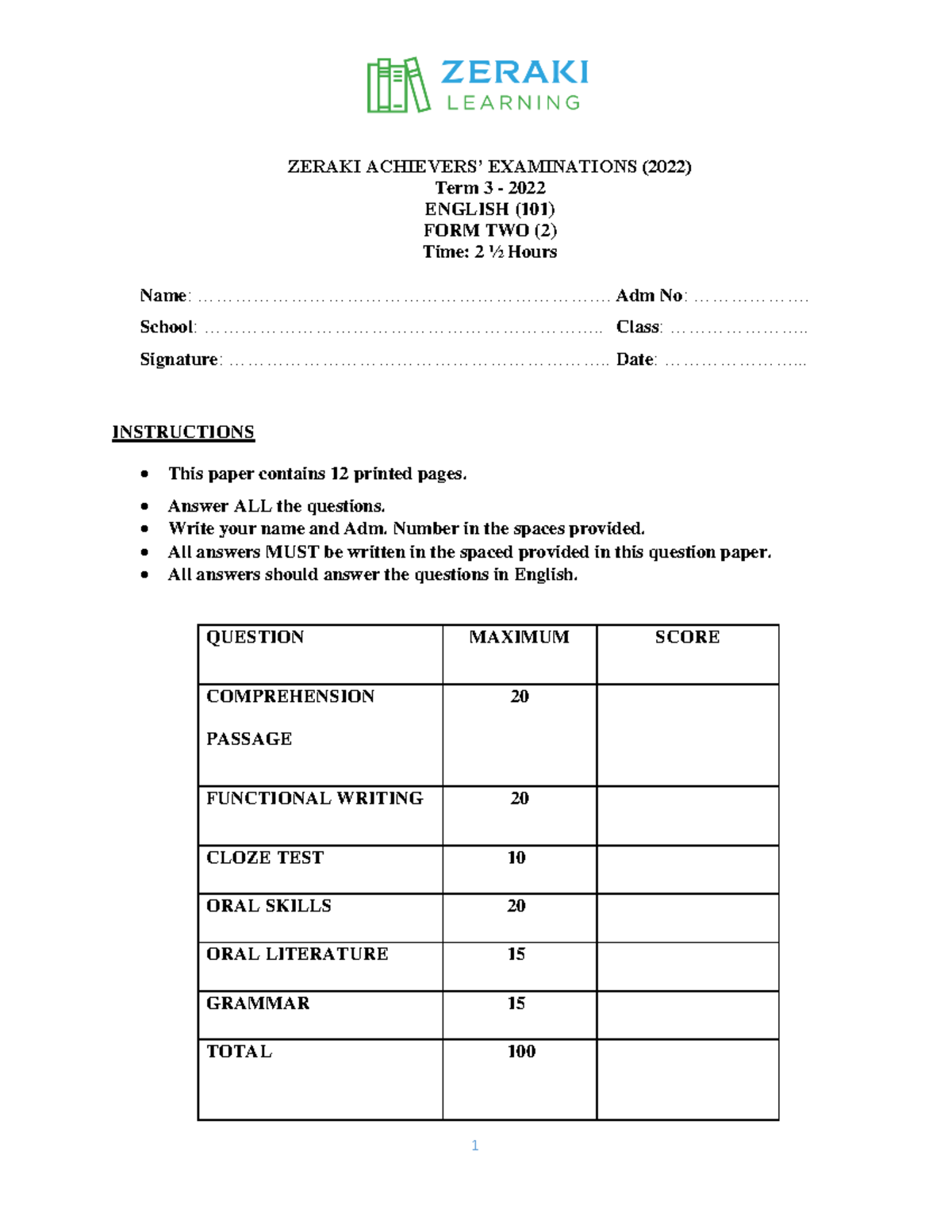 English (101) - Form 2 - 2022 Term 3 Question Paper - Studocu