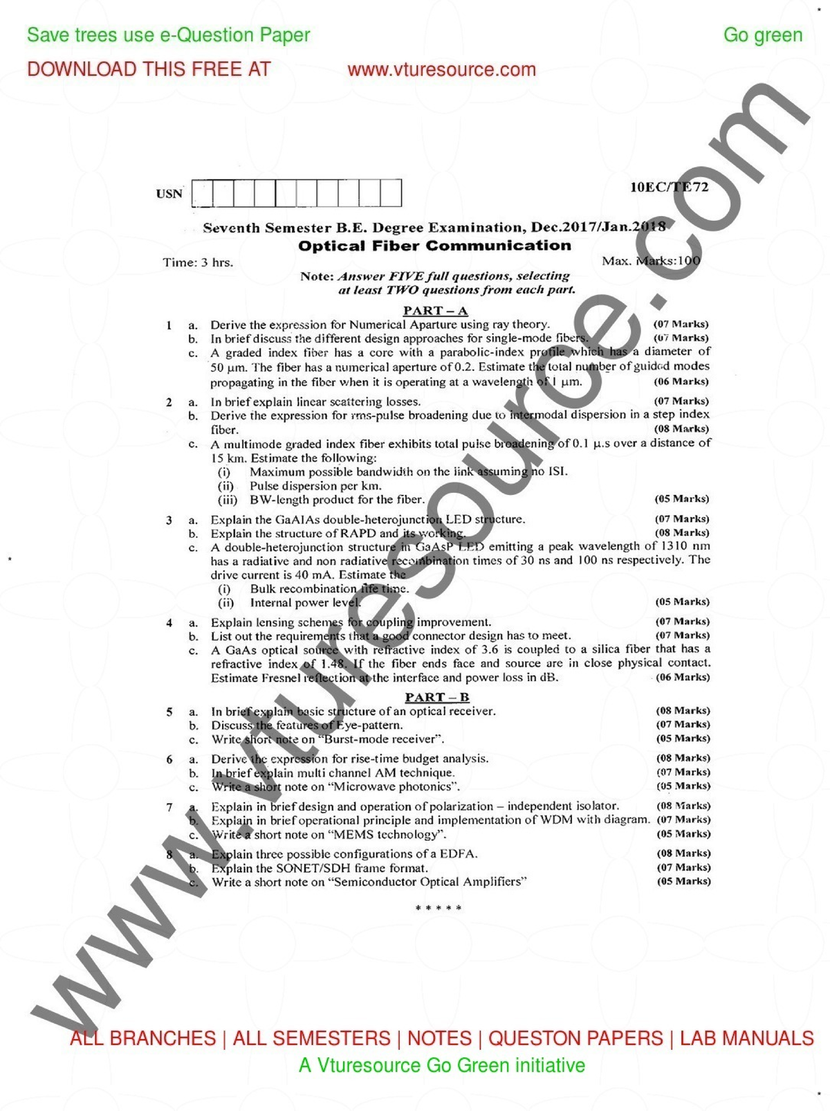 Optical Fiber Communication Exam Notes - USN 7th Sem B.E. - Studocu