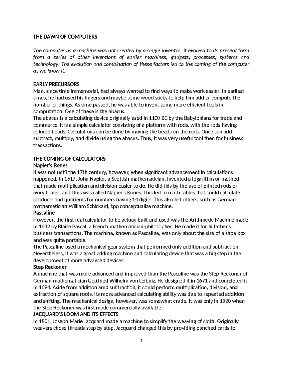 Cyberwhiz 7 Lesson 2 THE DAWN OF Computers - THE DAWN OF COMPUTERS The ...