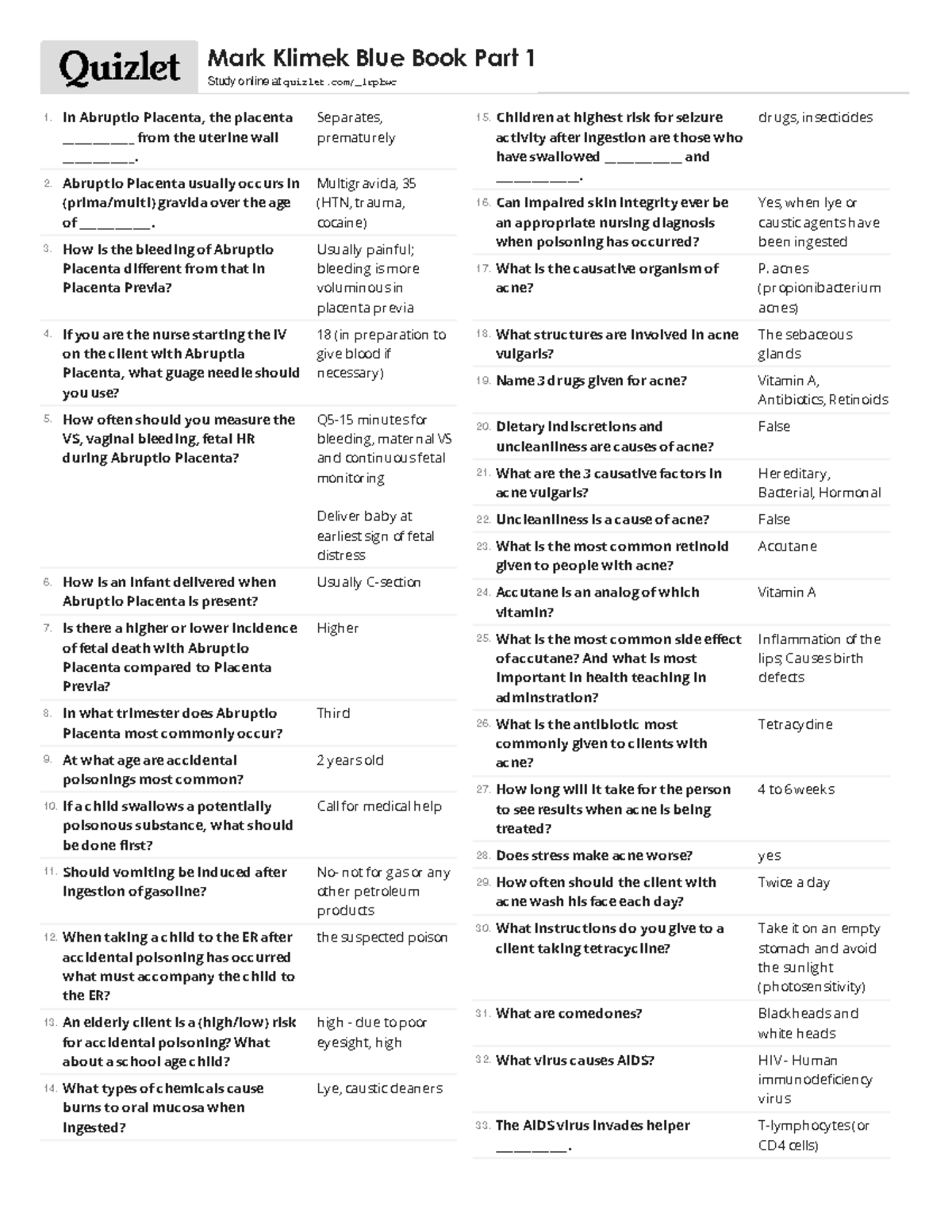 Mark Klimek Blue Book Study Notes: Nursing Concepts and Exam Prep - Studocu