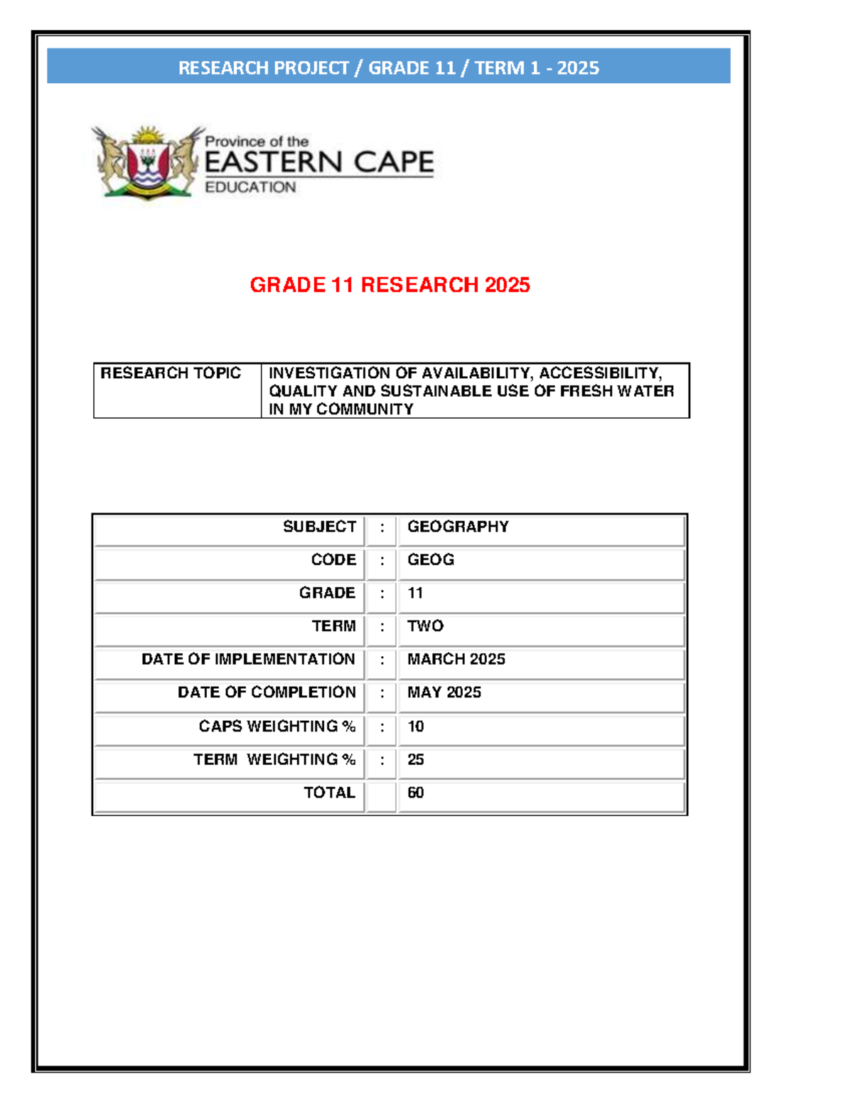 Research project GEOG grade 11 term 2 2025: Freshwater availability and ...