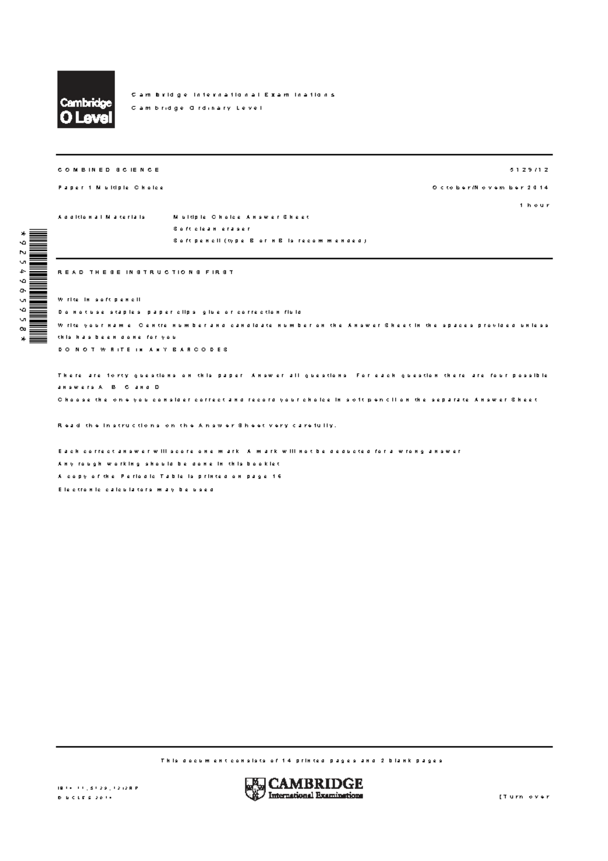 CS2014 O Level Combined Science Paper 1 MCQ Exam Guide - Studocu
