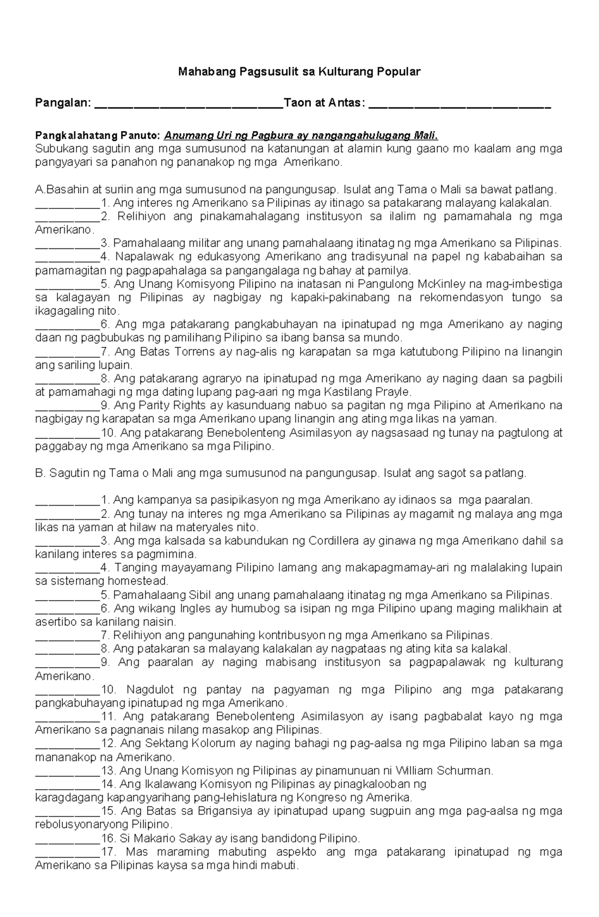 Pagsusulit sa Kulturang Popular: Aralin 3 Kultura Amerikano - Studocu