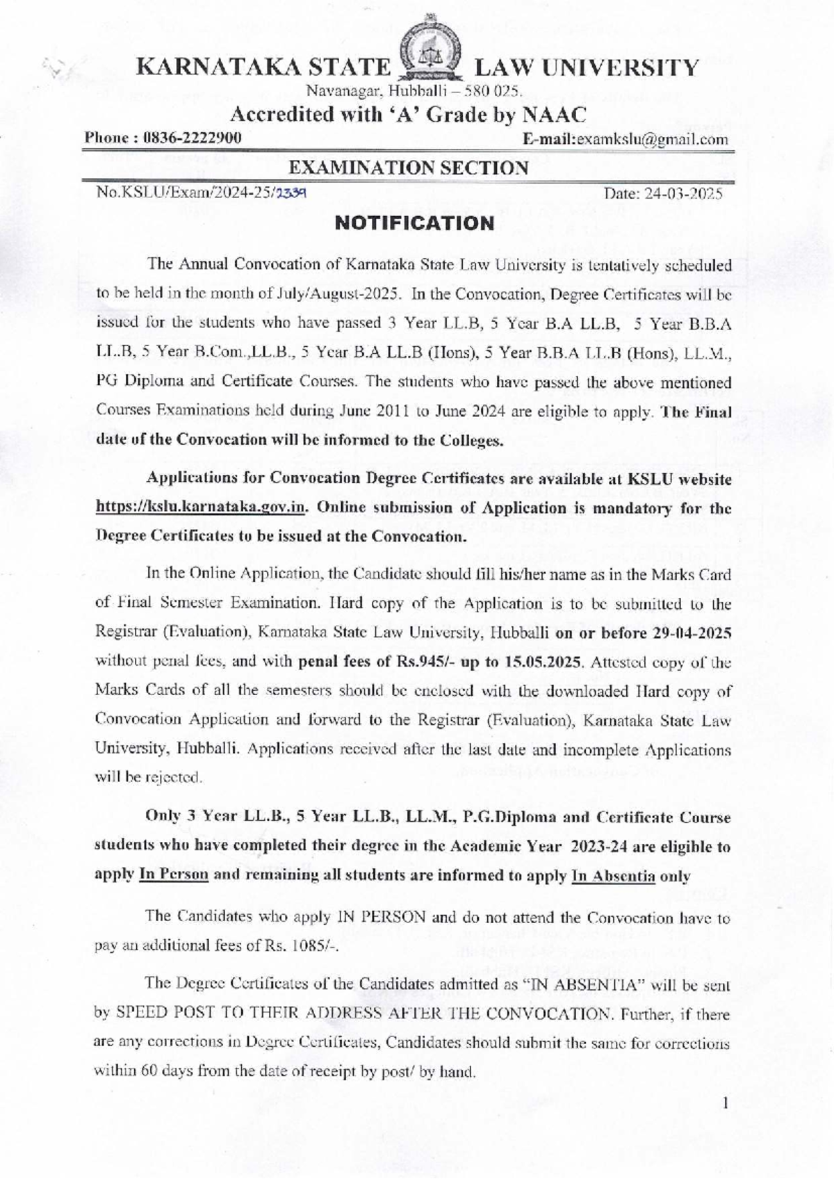 KSLU Convocation Notification for Degree Certificates 2024 - Studocu