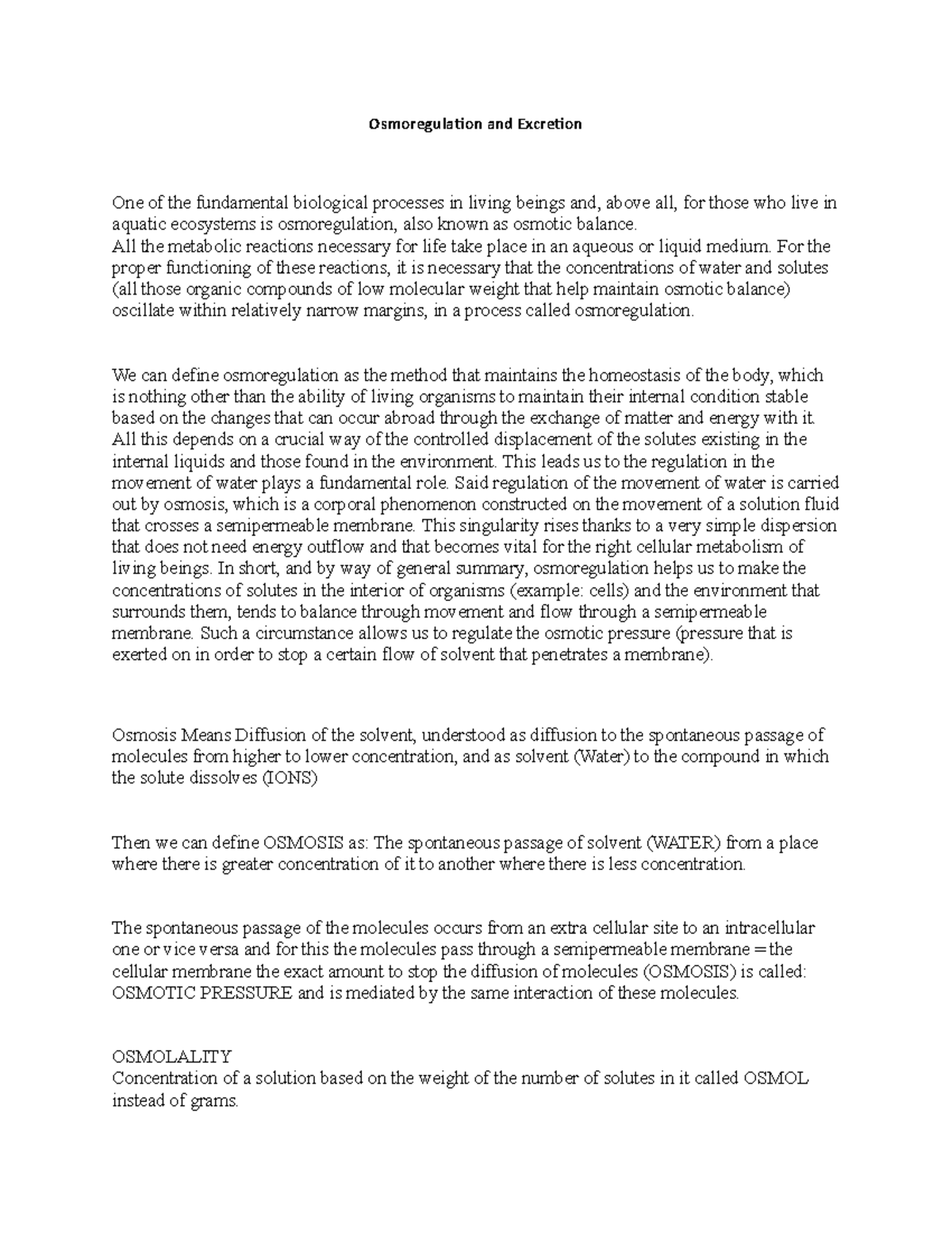 Campbell Biology 11th Ed. Ch. 44 Summary: Osmoregulation & Excretion ...