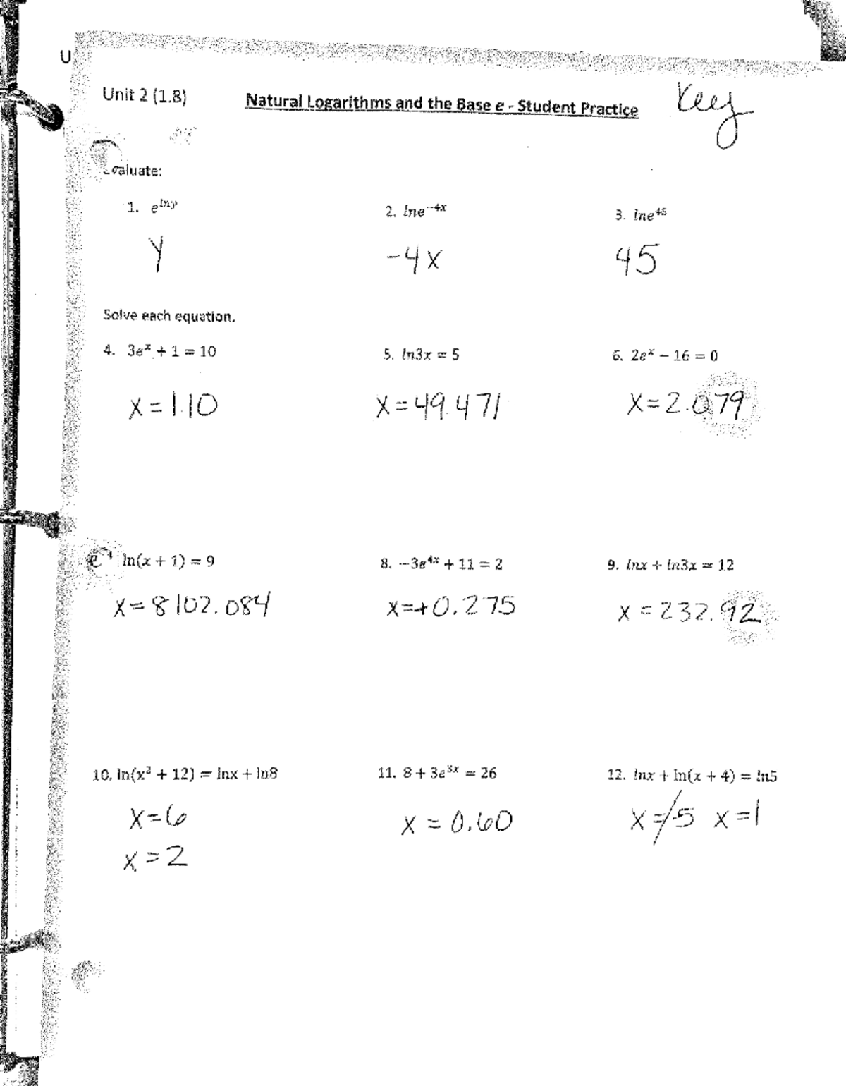 Unit 2 (1.8) Natural Logarithms Practice Key and Answers - Studocu
