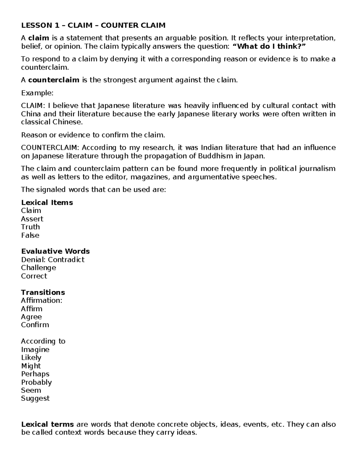 4th Quarter Lessons - english 8 - LESSON 1 – CLAIM – COUNTER CLAIM A ...