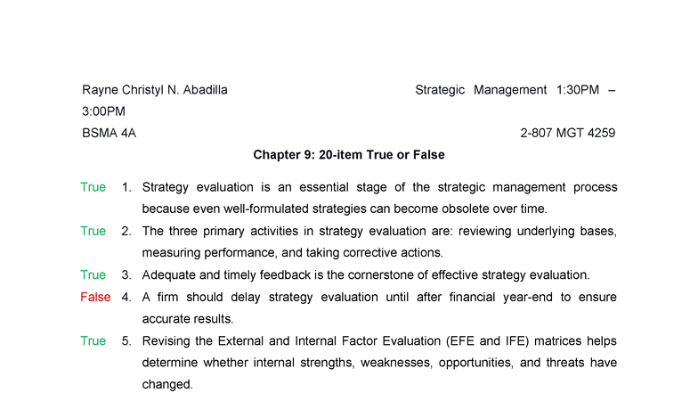 MGT 4259 Strategic Management Chapter 9: True or False Review - Studocu
