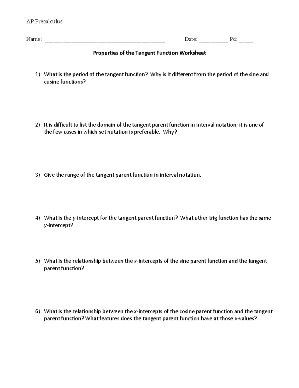AP Precalculus: Properties of the Tangent Function Worksheet - Studocu