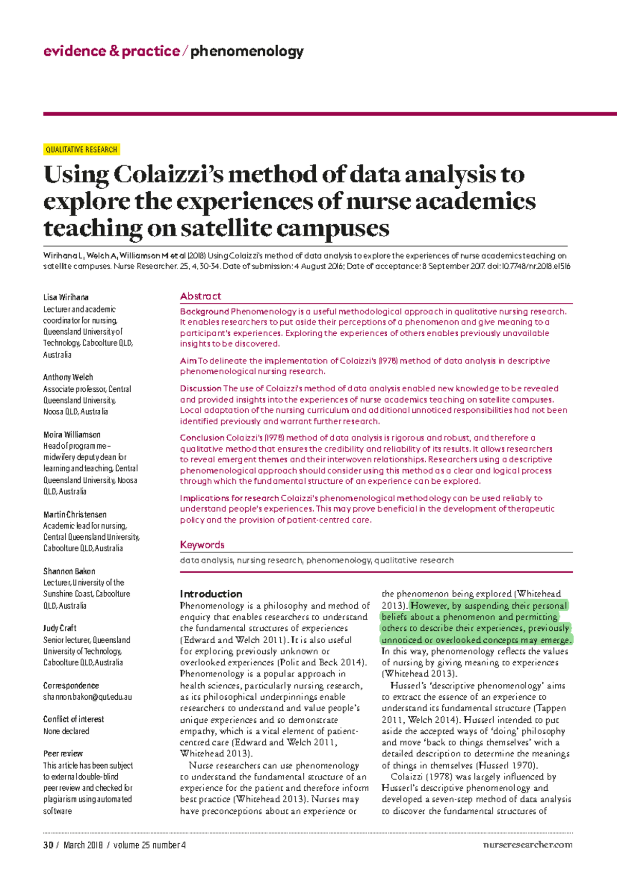 Using Colaizzi's Data Analysis Method in Nursing Research: A Review ...