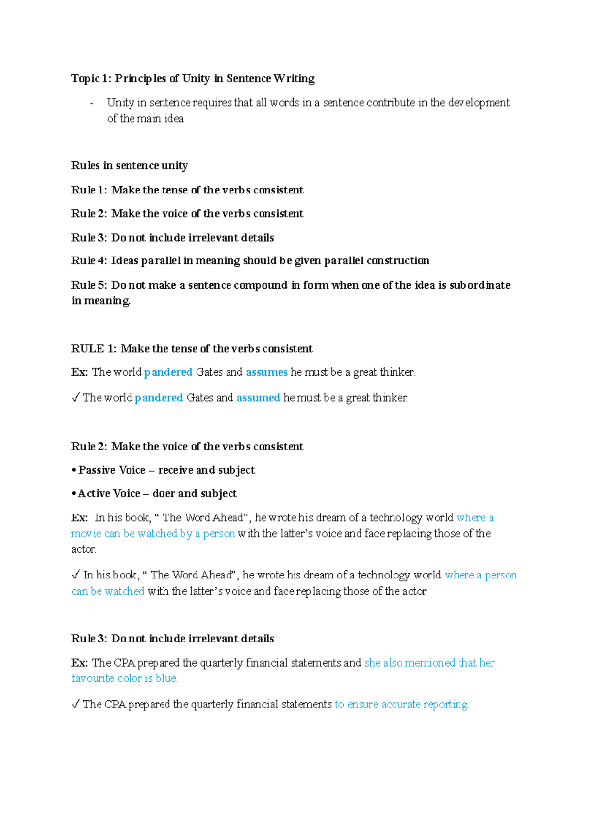 ELP2 - Topic 1: Principles of Unity in Sentence Writing - Studocu