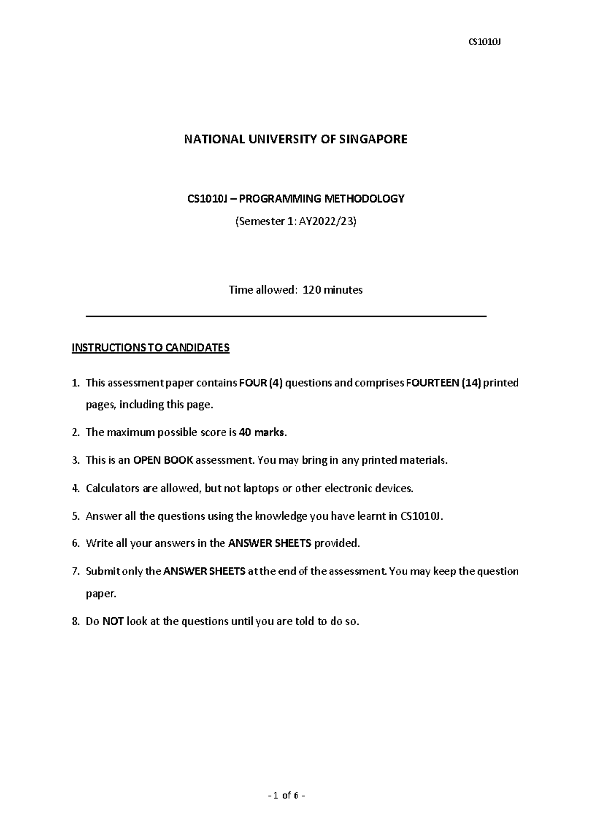 Finals Practice Paper - NATIONAL UNIVERSITY OF SINGAPORE CS1010J ...