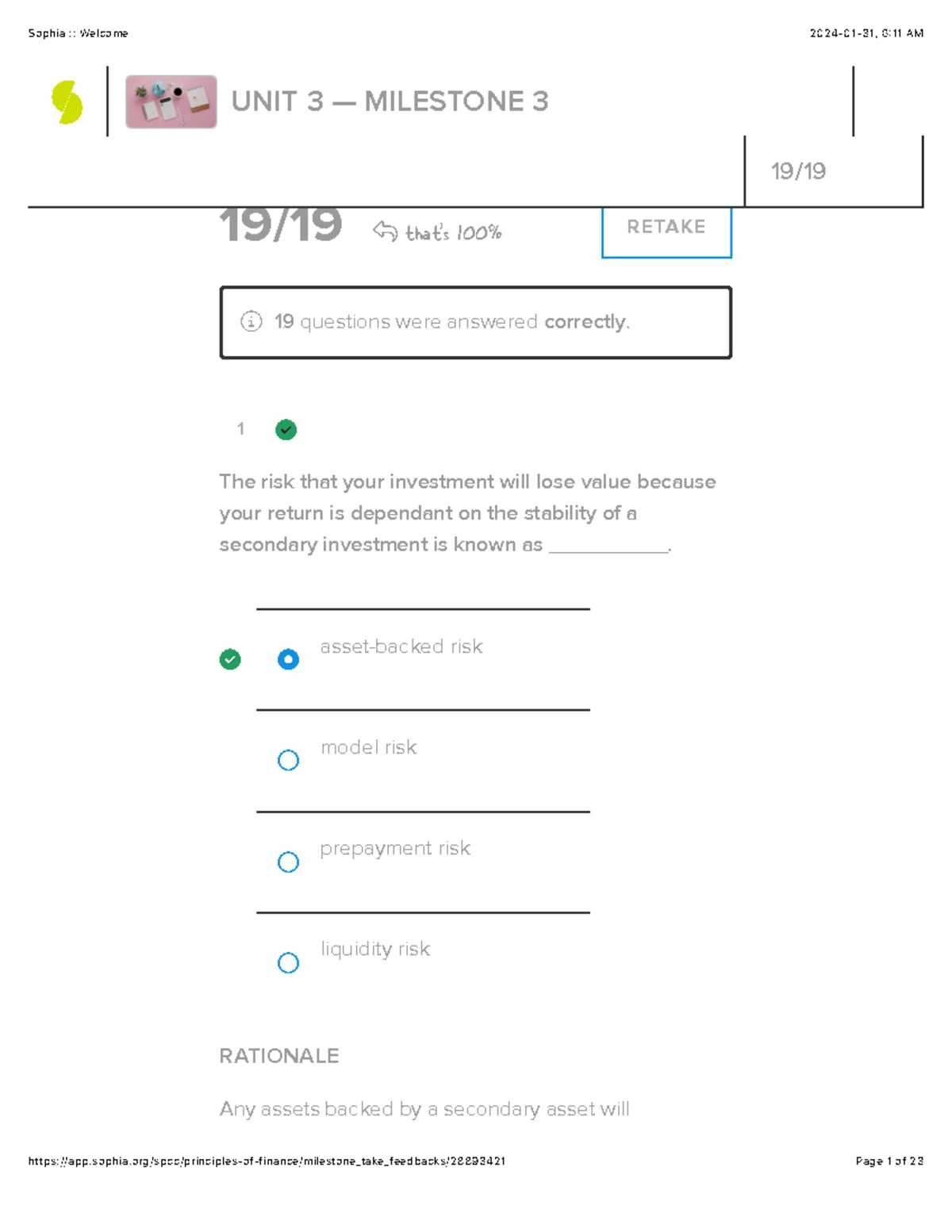 Sophia Principles of Finance Unit 4 Milestone 4 - 1 20 / 23! that's 87% RETAKE " 20 questions ...