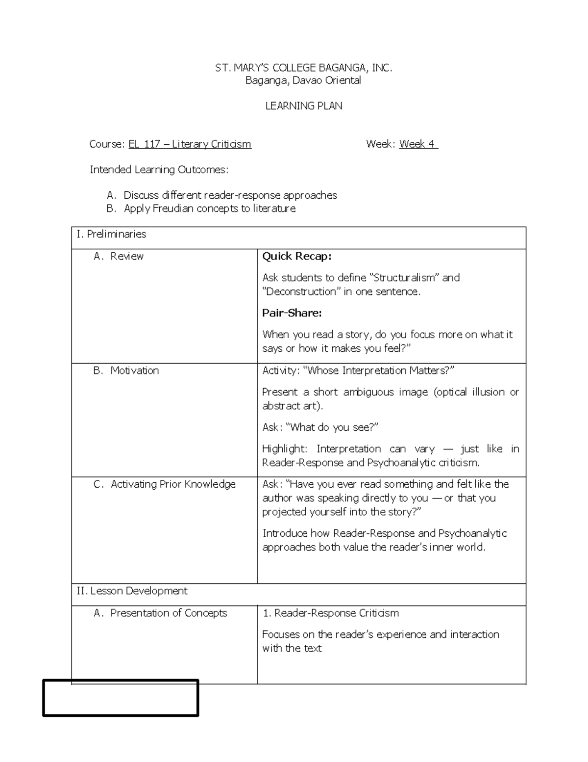 EL 117 Literary Criticism Week 4 Learning Plan and Activities - Studocu