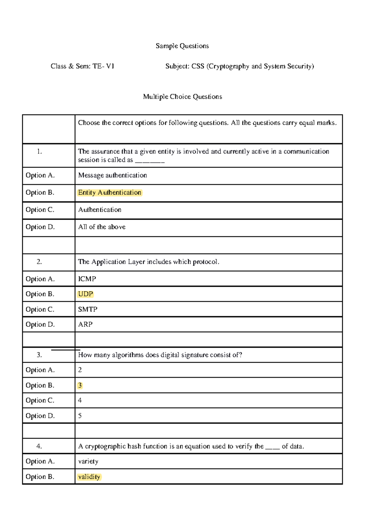 Comp Sem VI Cryptography and System Security+Sample Questions - Sample Questions Class & Sem ...