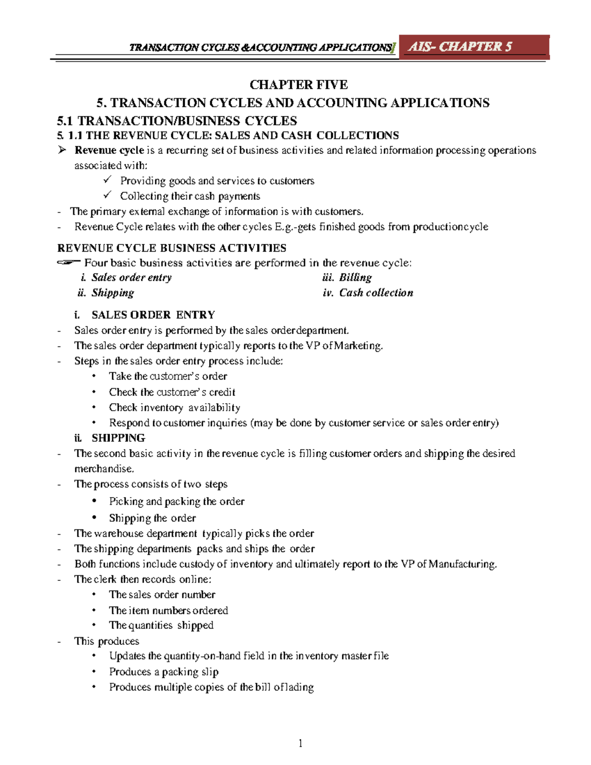 AIS CH 5: Transaction Cycles & Accounting Applications Overview - Studocu