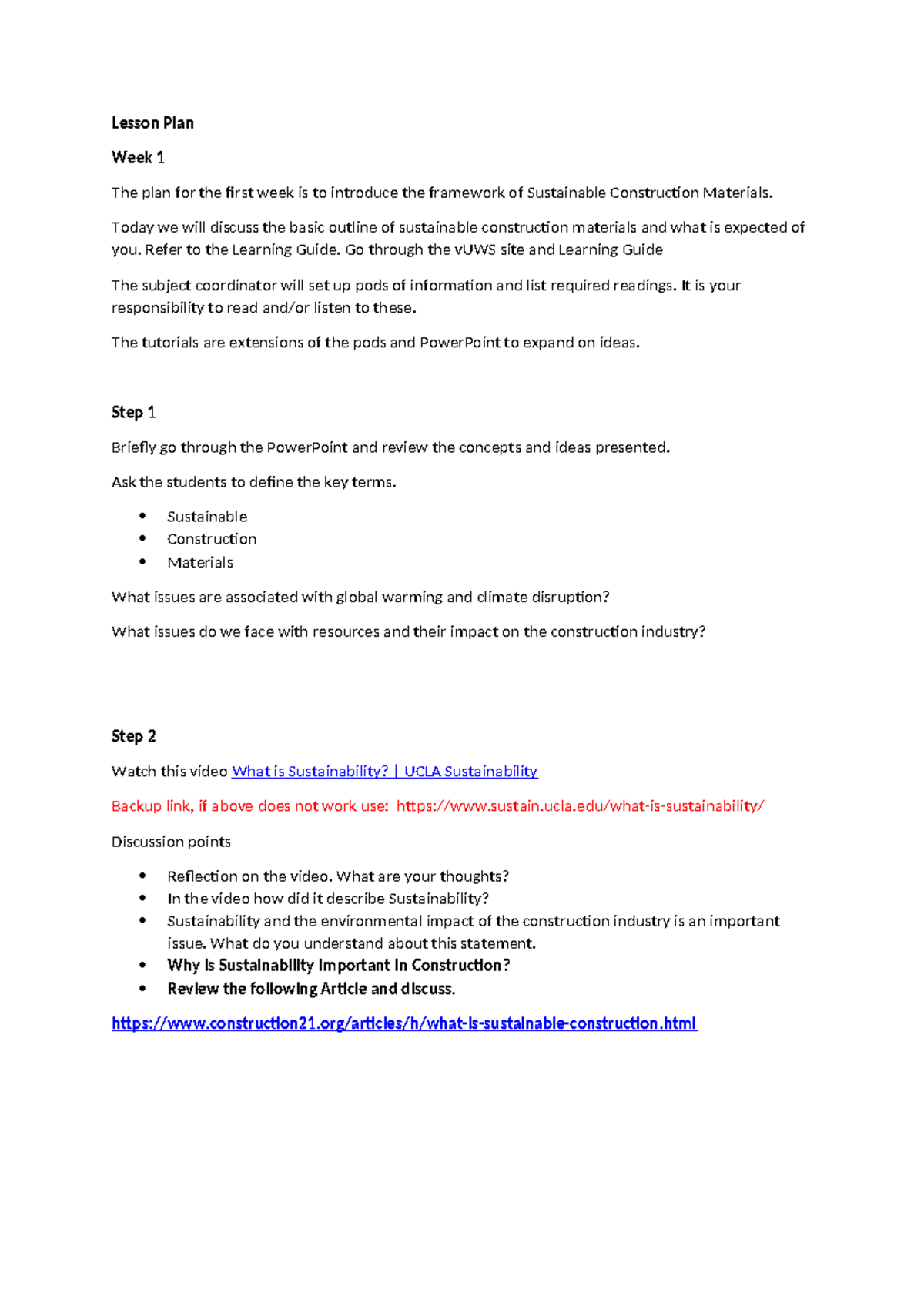 Sustainable Construction Materials Tutorial 1 Lesson Plan 2025 - Studocu