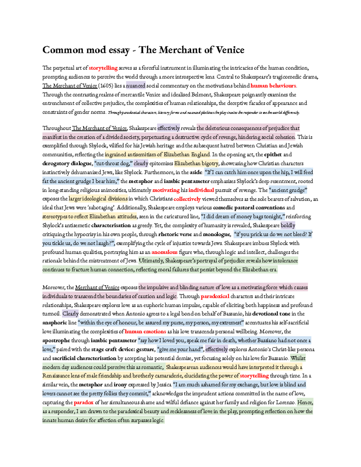 Merchant of Venice Essay Analysis (19/20) - Studocu