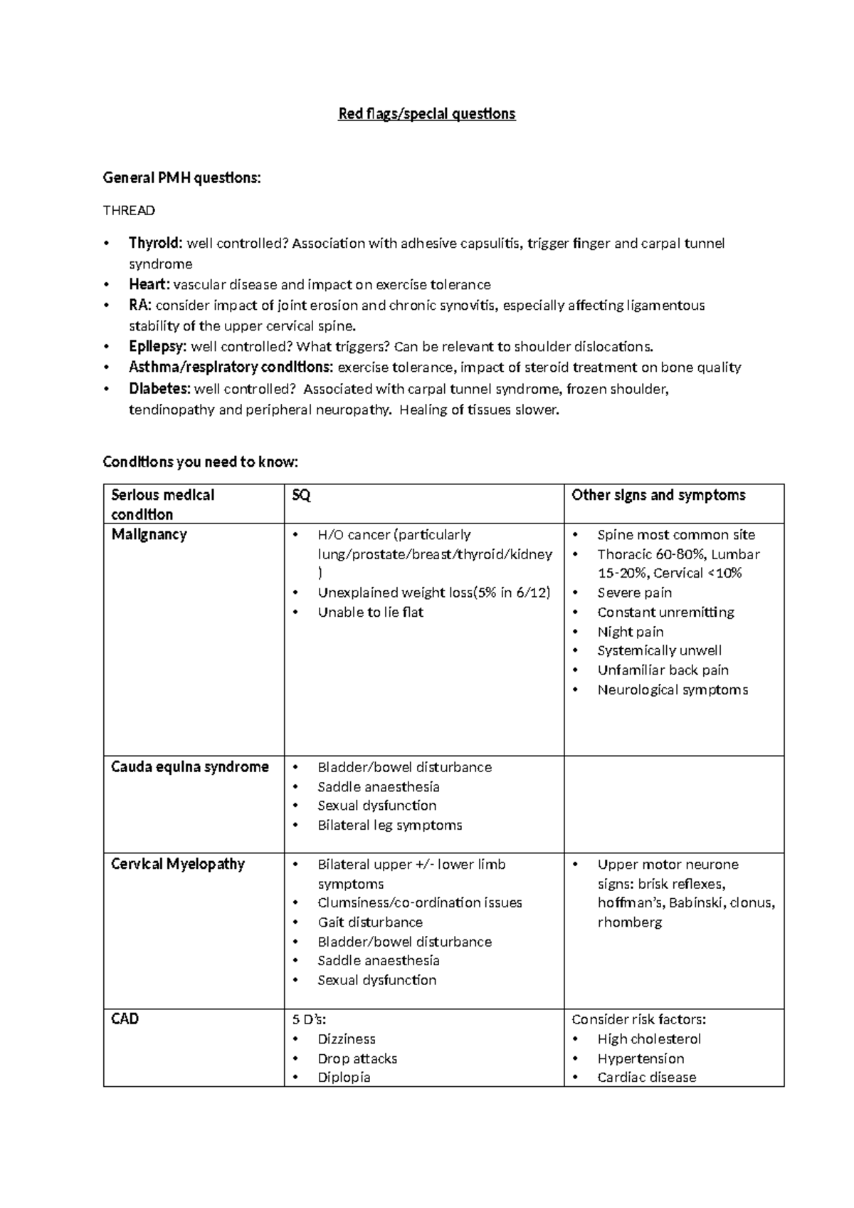 Red Flags Summary for Medical Assessment: Special Questions ...