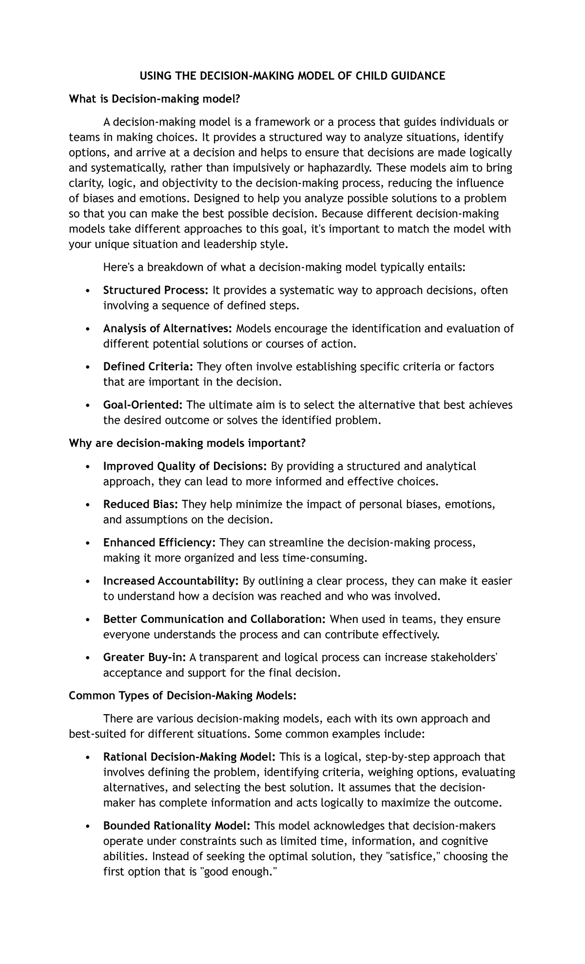 Model for Child Guidance: A Structured Decision-Making Approach - Studocu