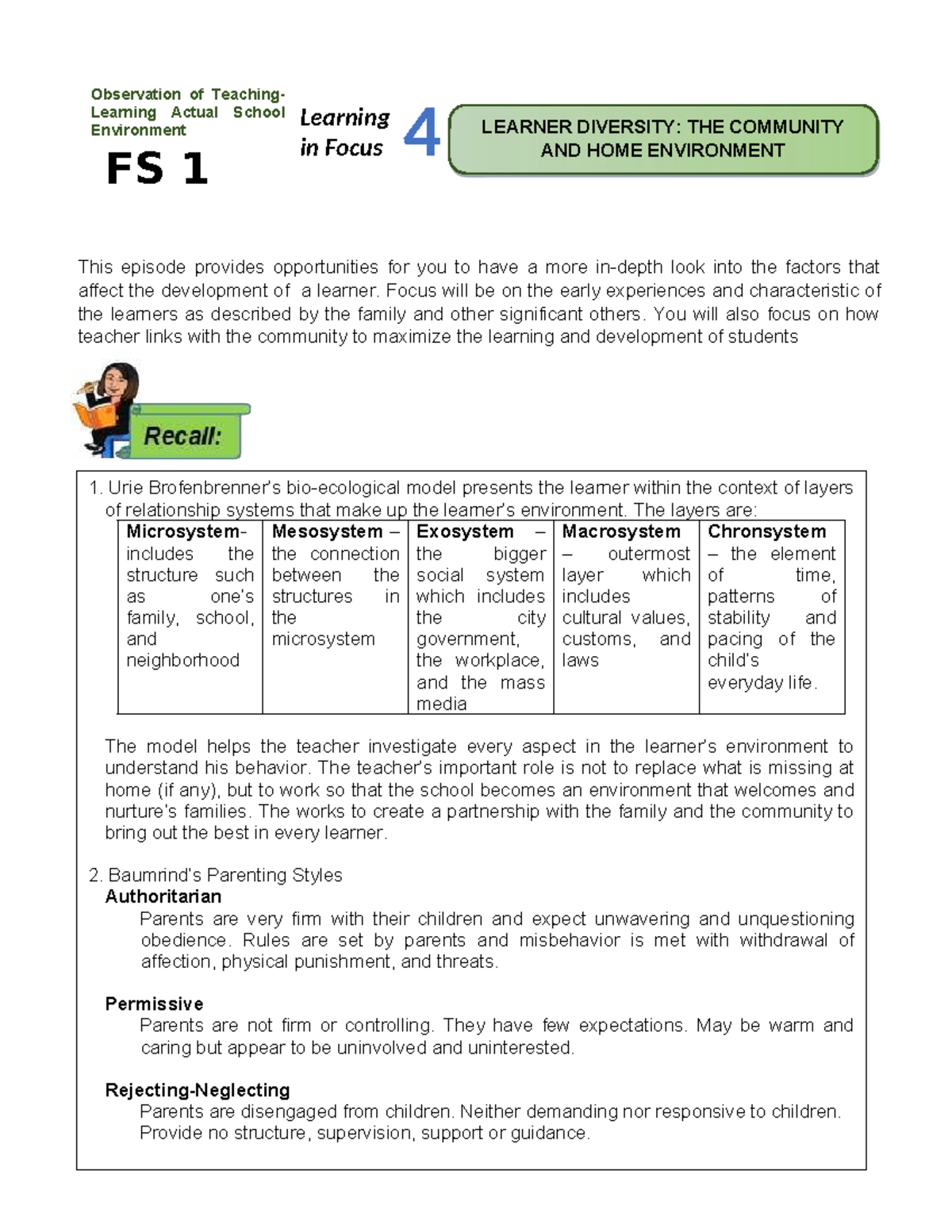 FS 1 Learning Episode 4: Exploring Learner Diversity in Community ...