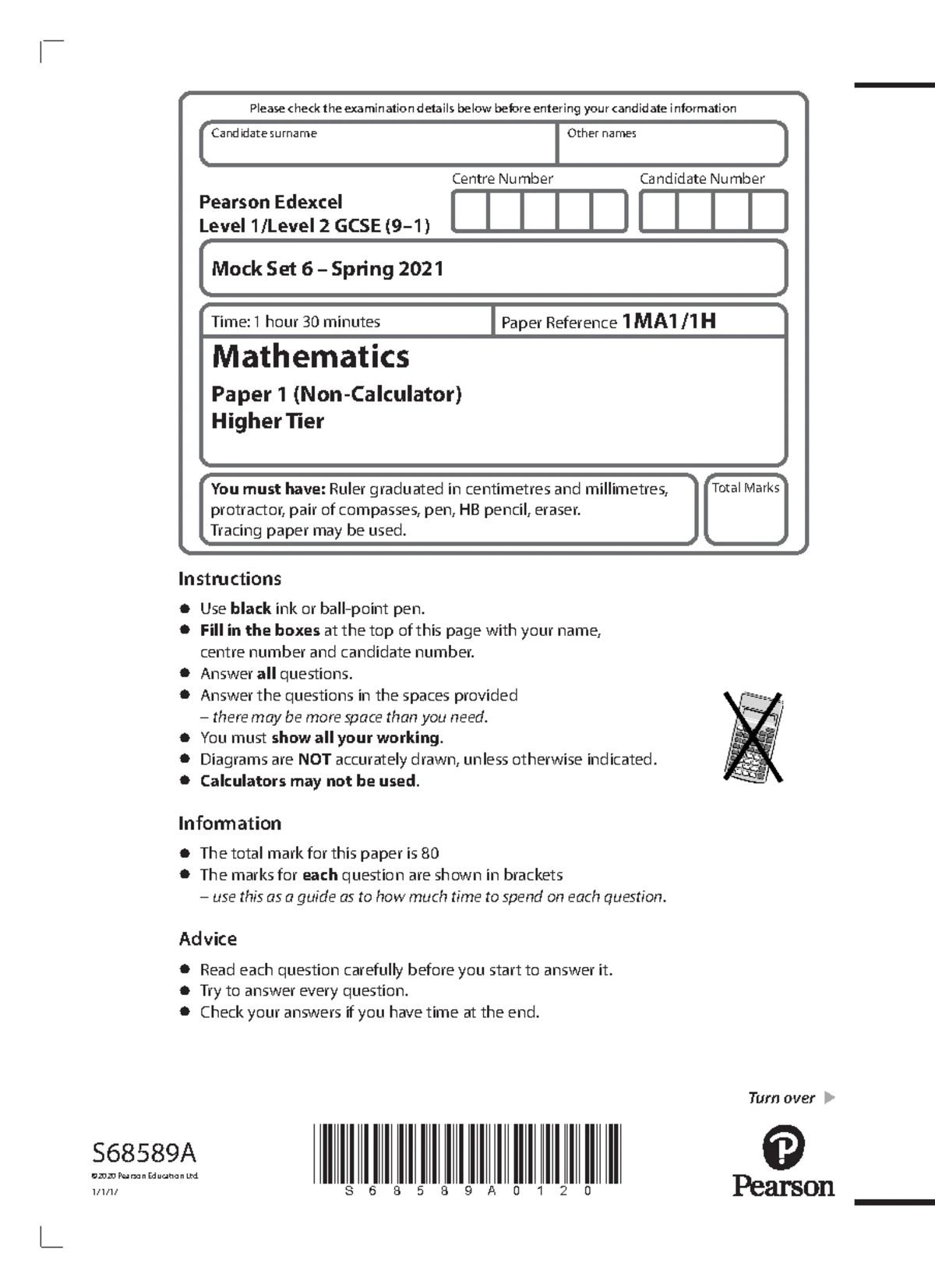 1MA1 1H - Mock Set 6 - Mathematics Non-Calculator Paper PDF - Studocu
