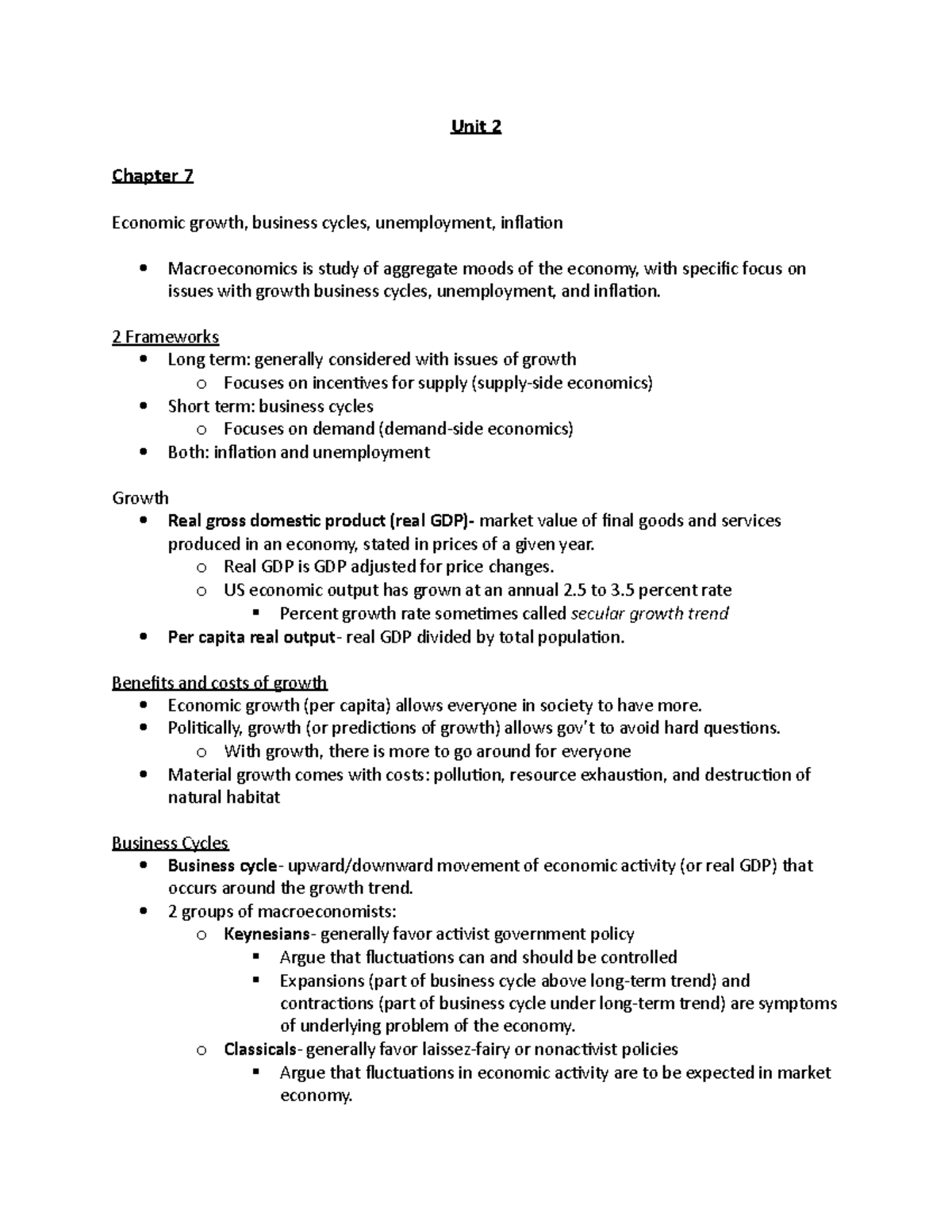 Macroeconomics Unit 2 - Unit 2 Chapter 7 Economic growth, business ...