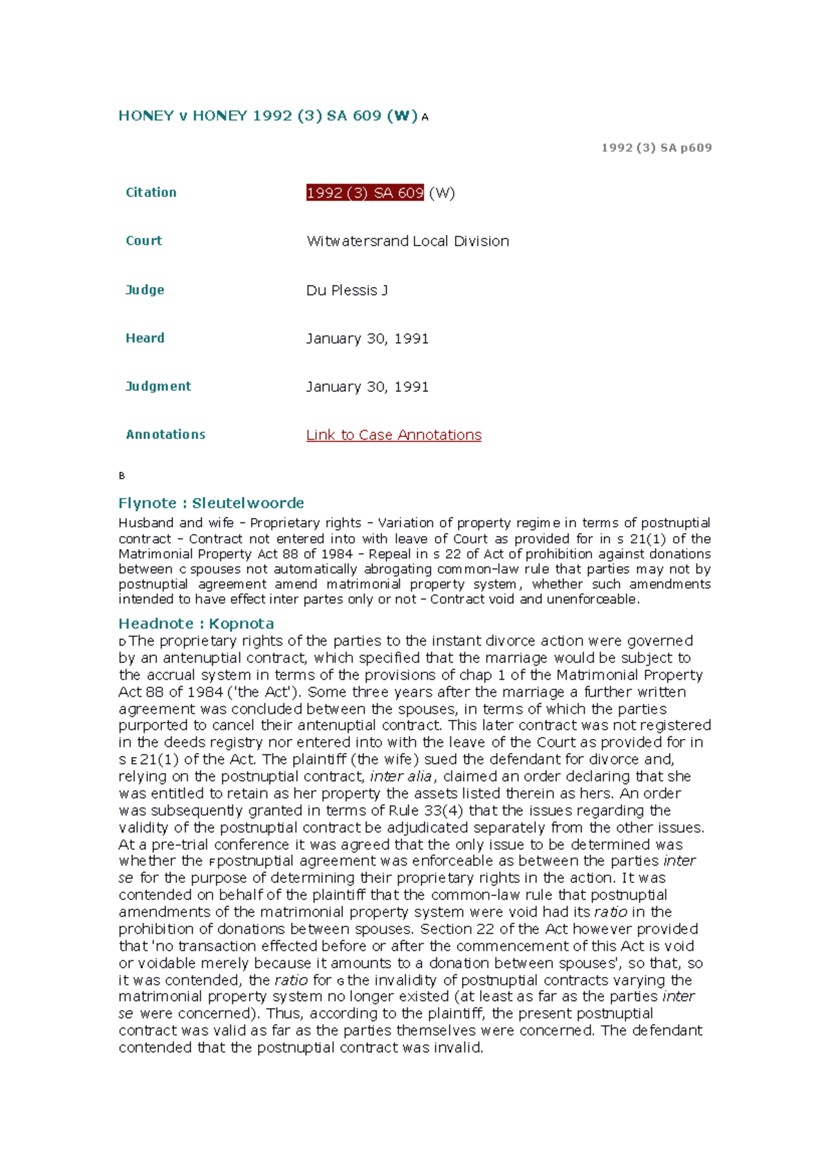 Honey v Honey 1992 - Case Summary on Postnuptial Contracts Validity ...